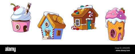 Cartoon Candy Land Sweet House For Fantasy Game In Vector Cake And Chocolate Building Set