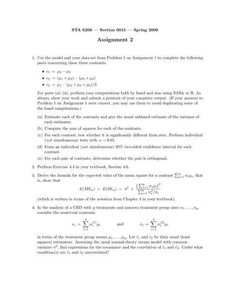 Basic Design And Analysis Of Experiments Sample Assignment 2 Sta 6208 Docsity