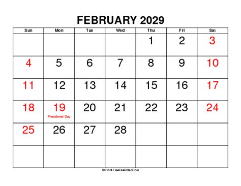 Download Large Font February 2029 Calendar With Usa Holidays Sunday