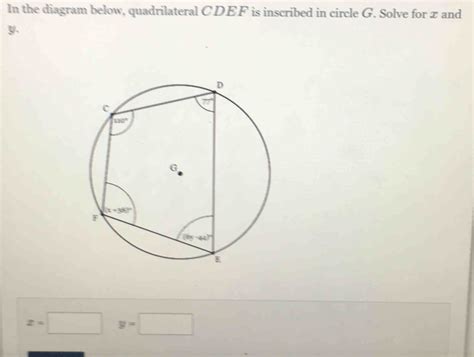 In The Diagram Below Quadrilateral Cdef Is Inscribed In Circle G Solve For X And X Y Math