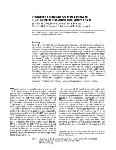 Pdf Preselection Thymocytes Are More Sensitive To T Cell Receptor