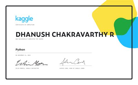 dhanush chakravarthy r completed the python course on kaggle