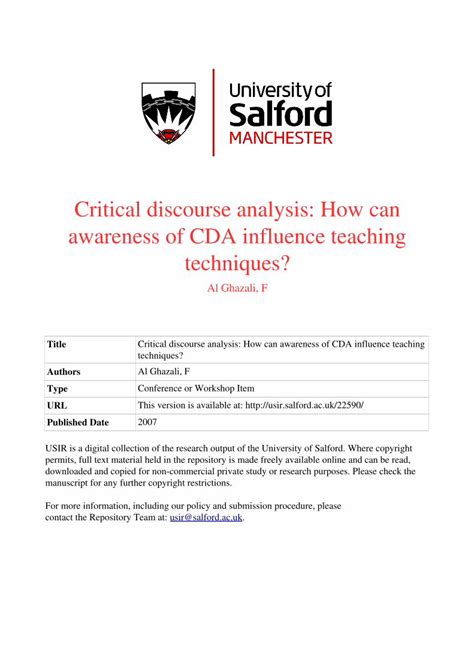 Pdf Critical Discourse Analysis How Can Awareness Of Cda Usir