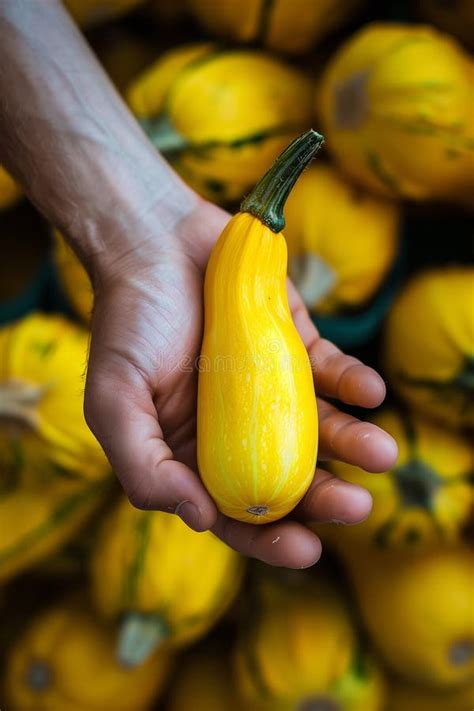 Hand Holding Yellow Squash With Blurred Squash Selection Background
