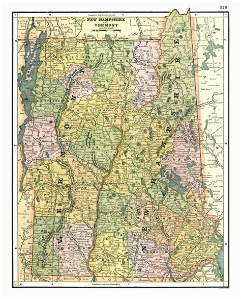 Historic State Map New Hampshire Vermont Johnson 1888 23 X 2848