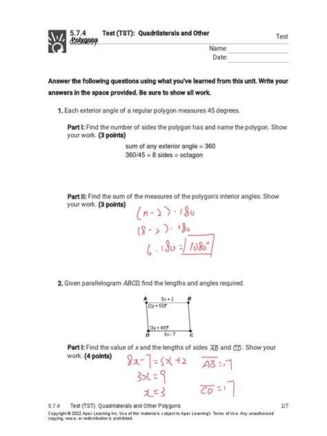 574 Test Tst Quadrilaterals And Other Polygons Test Pdf