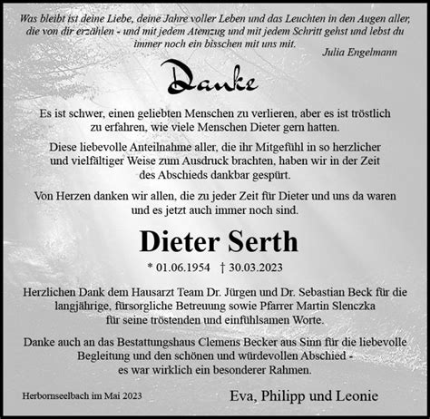 Traueranzeigen Von Dieter Serth Vrm Trauer De