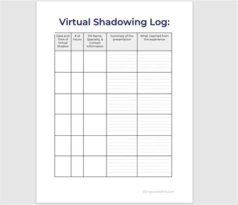 Template Shadowing Hours Log Sheet