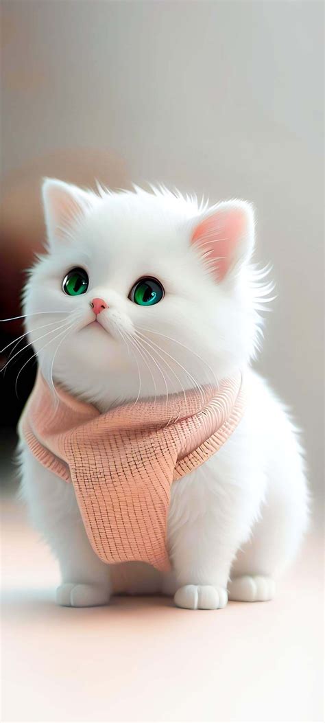 Cute White Cat In Pink Scarf Art Print Cute Cat Wallpaper Kittens