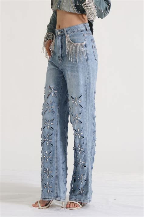 Jeans With Rhinestones Blue High Waist Women Jeans Women Jeans
