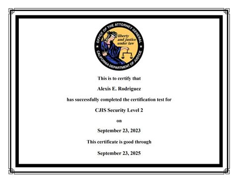 Cjis Security Level Ii Certificate Us Department Of Justice Alex E