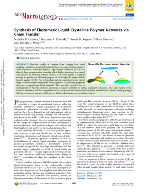 Pdf Synthesis Of Elastomeric Liquid Crystalline Polymer Networks Via