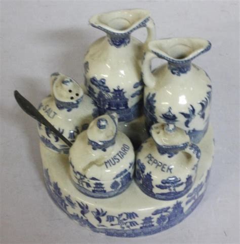 At Auction Antique 7pc Blue Willow Cruet Condiment Set
