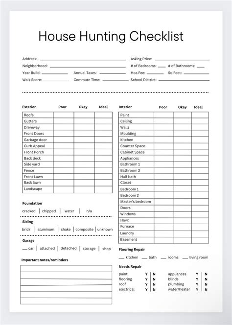 House Hunting Checklistnew Home Checklistreal Estate Formhouse