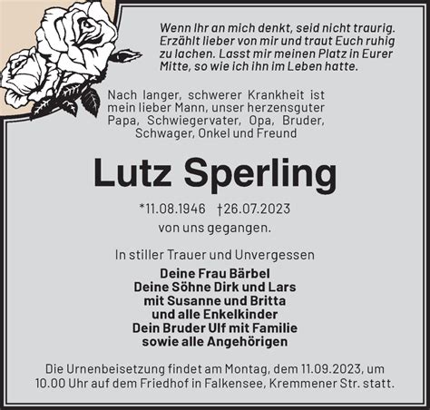 Traueranzeigen Von Lutz Sperling Märkische Onlinezeitung Trauerportal