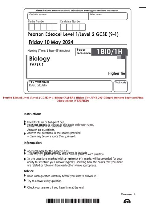 Pearson Edexcel Level 1 Level 2 Gcse 9 1 Biology Paper 1 Higher Tier June 2024 Merged Question