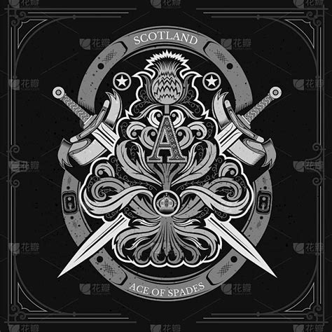 蓟花图案的黑桃a，里面有十字剑和大写字母a。黑板设计元素素材 花瓣网