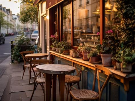 Premium Ai Image A Small Cafe With A Wooden Table And Chairs With Plants On It
