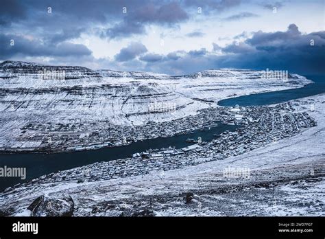 Aerial View Snow Covered Klaksvik Faroe Islands And Harbor From Above