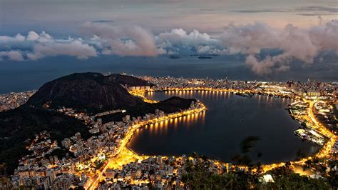 Lights Boat Brazil Cityscape Night City Coast Aerial View Drone