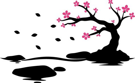 Pink Cherry Blossom Tree Silhouette With Falling Leaves Art For