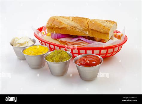 Ketchup Mustard Mayonnaise Relish Souses Condiments Sandwich Stock
