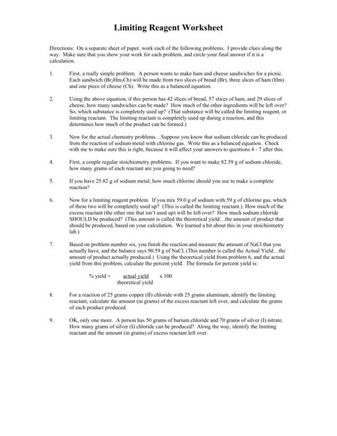 Limiting Reagent Worksheet