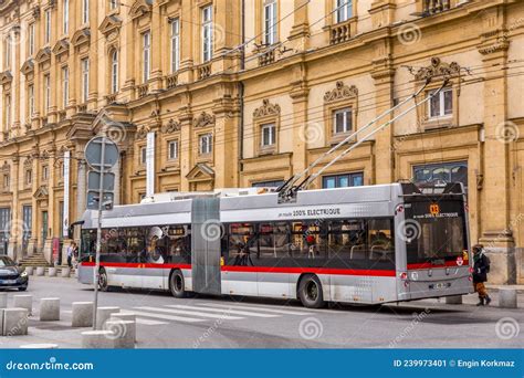 Electric Trolleybus Collectors Close Up Against The April Blue Spring