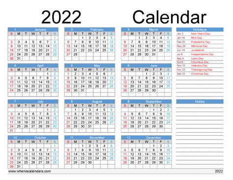 Free Printable 2022 Calendar With Holidays Pdf In Landscape And