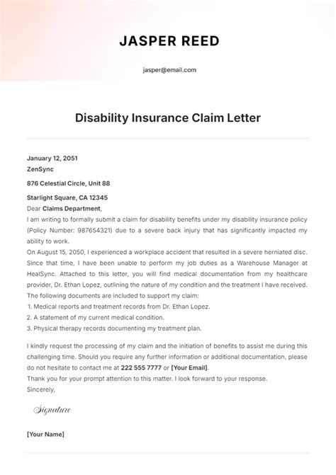 Free Disability Insurance Claim Letter Template To Edit Online