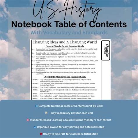 8th Grade Us History Notebook Table Of Contents With Vocabulary