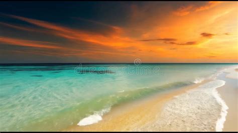 Stunning Sunset Over Tranquil Beach With Crystal Clear Water And Gentle