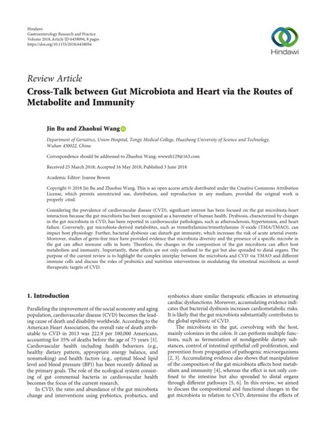 Pdf Cross Talk Between Gut Microbiota And Heart Via The Routes Of Metabolite And Immunity