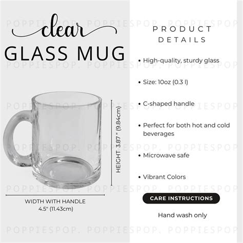 10oz Clear Glass Mug Size Chart Glass Mug Care Card Glass Mug Mockup