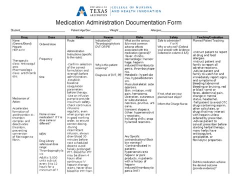 Heparin Medication Sheet Medication Administration Documentation