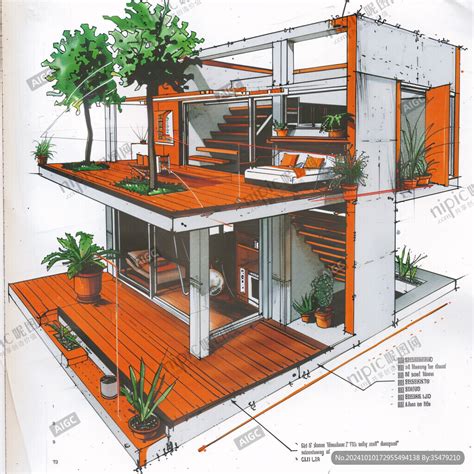 Ai创作图建筑设计表现图 退台式住宅 退台露台阁楼 现代住宅剖面图 建筑设计画 第四代建筑手绘 错层式住宅 复式户型素材 立面图透视图图 露台