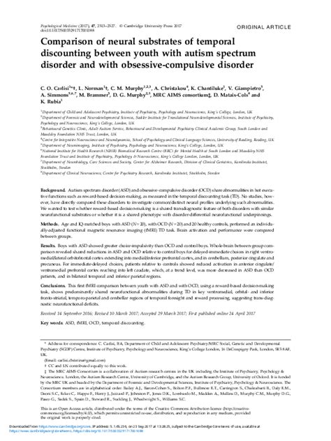 Pdf Comparison Of Neural Substrates Of Temporal Discounting Between Youth With Autism Spectrum