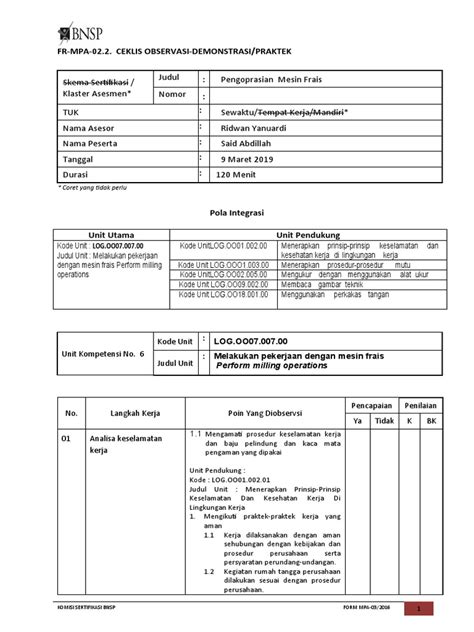 Form Fr Mpa 022 Observasi Demonstrasi Dan Tugas Prktk Integrasi Pdf