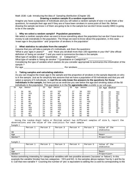 Introducing The Idea Of Sampling Distribution Lab Math 1530 Docsity