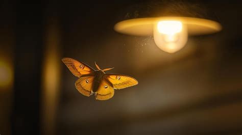 A Beautiful Moth With Yellow Wings Flies Towards A Light Bulb The Moth