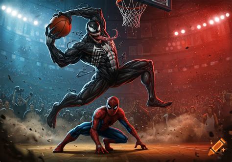 Venom Slam Dunks A Basketball Over A Crouching Spider Man On A Court In A Crowded Stadium