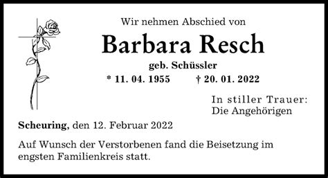 Traueranzeigen Von Barbara Resch Augsburger Allgemeine Zeitung