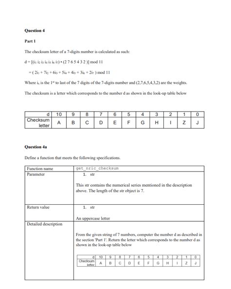 Solved Question 4 Part 1 The Checksum Letter Of A 7 Digits Number