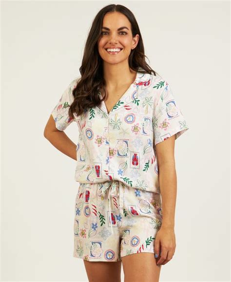 Womens Woven Pj Set In Summer Patchwork Postie