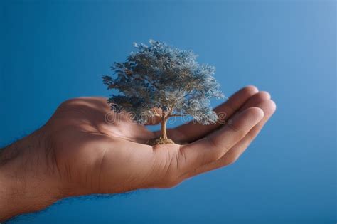 A Miniature Tree In Human Palms Against The Blue Background Stock
