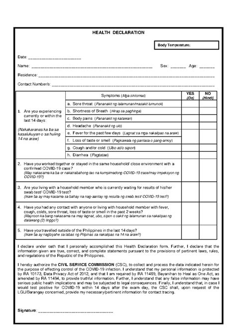 Health Declaration Form A1 Whole Page Health Declaration Date