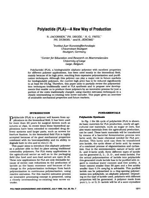 Pla Production Pdf Organic Polymers Chemistry