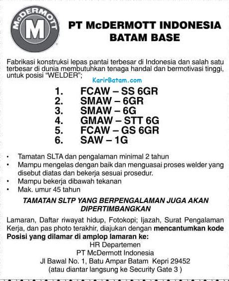 Lowongan Kerja Pt Mcdermott Indonesia Lowongan Kerja Batam 2022
