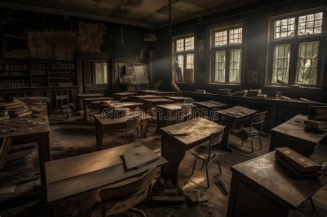 Creepy Old School With Desks And Books Left Behind In Classrooms Stock Illustration
