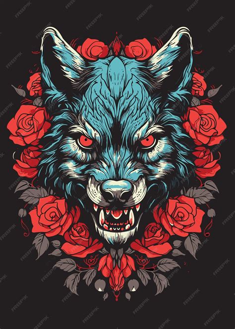 Premium Vector Illustration Of Wolf And Skull With Roses In Black And
